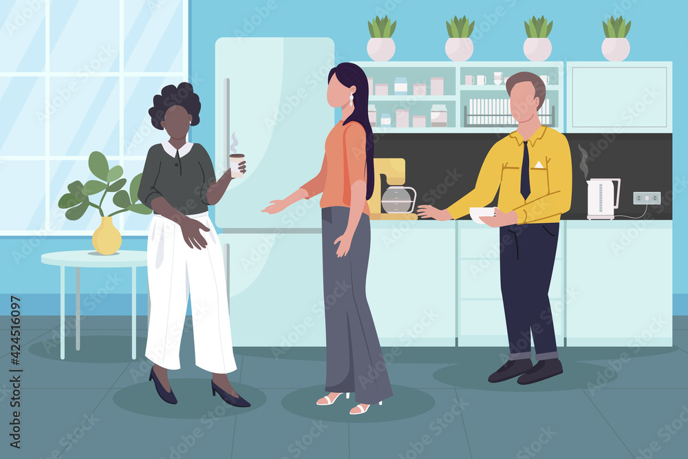 Coffee break at work flat color vector illustration. Company kitchen ...
