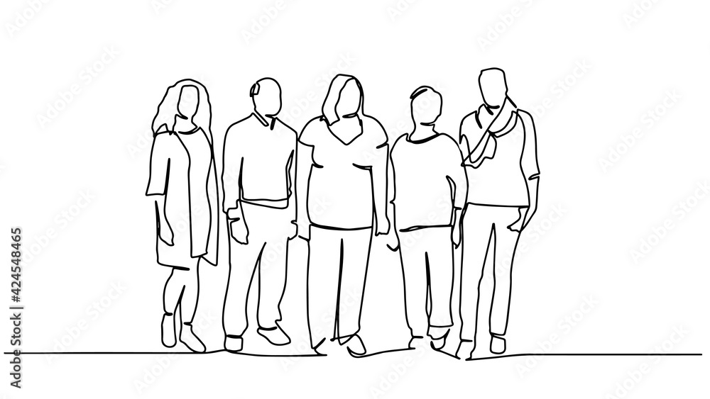 Group of people continuous one line vector drawing. Family, friends hand drawn characters. Crowd ...