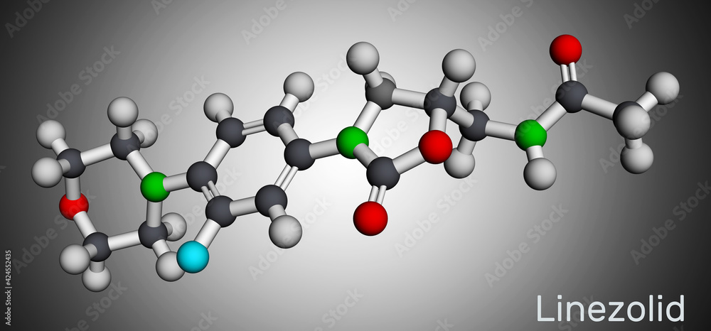 Linezolid molecule. It is synthetic antibiotic used for treatment of ...