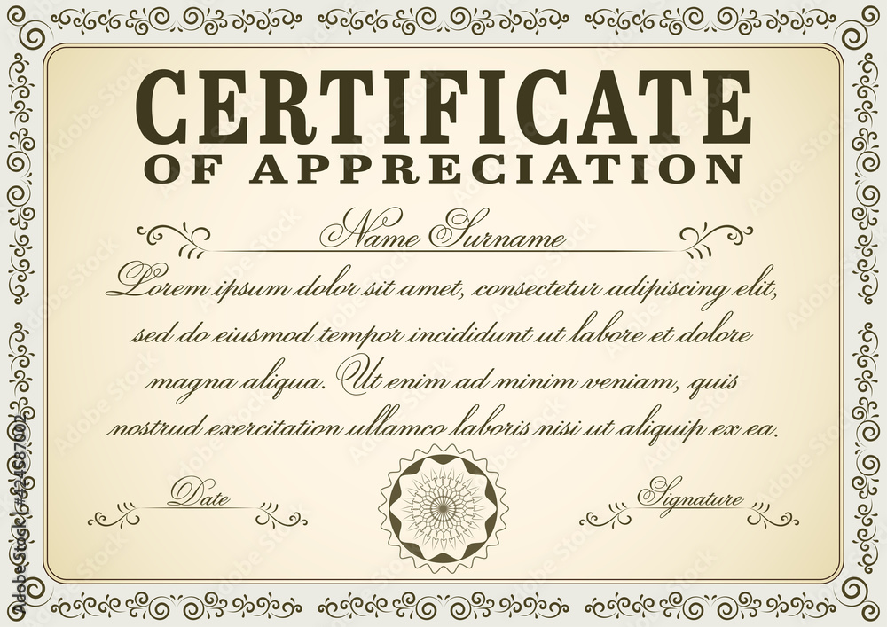 Abstract A4 size certificate frame design with swirls. Editable old ...