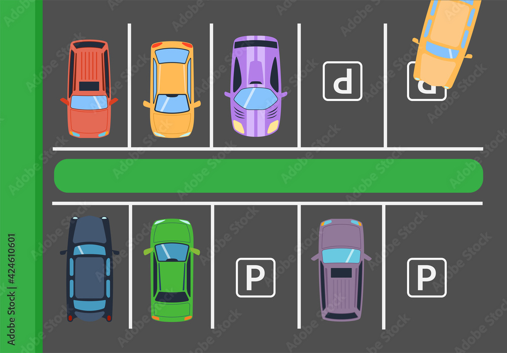 เวกเตอร์ Stock Parking, road at top view, vector illustration. Auto ...