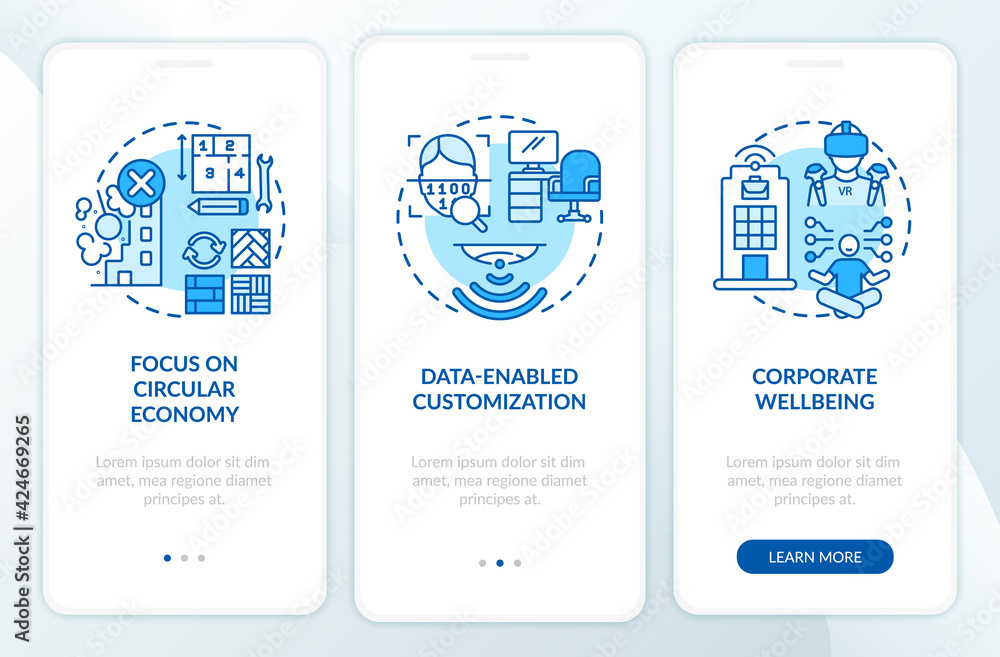 Futuristic office design trend onboarding mobile app page screen with concepts. Employee ...