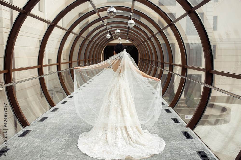 Foto de Stock Bride brunette in a stylish white wedding dress with a ...