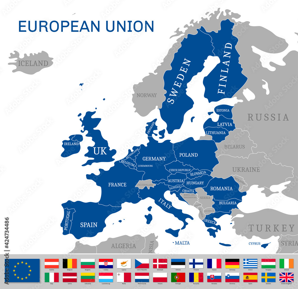 Vector de Stock European Union map and country flags set. Political map ...
