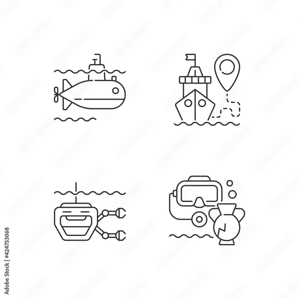 Marine exploration linear icons set. Underwater archaeology tools ...