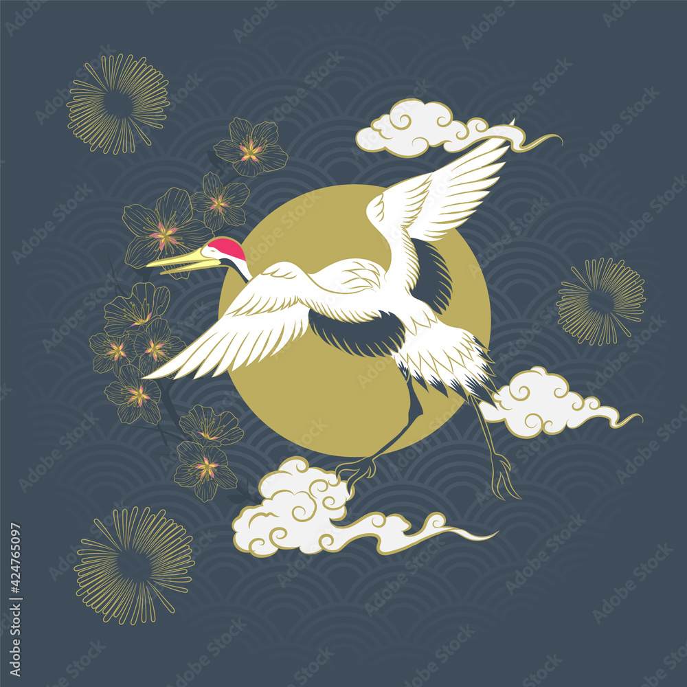 Seamless Art Japanese Repeat Pattern of Flying Crane Flapping Wings ...