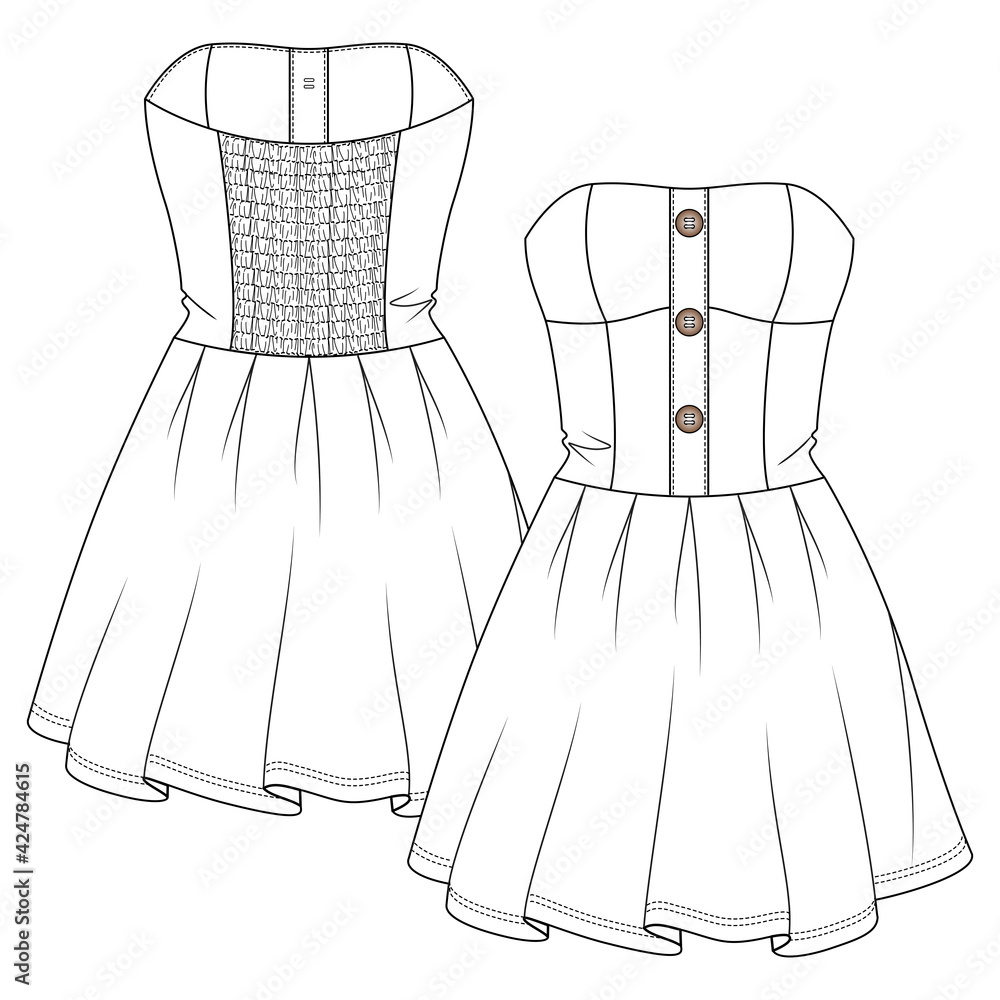 Women Mini Tube Bandeau Dress flat sketch fashion template. Girls ...