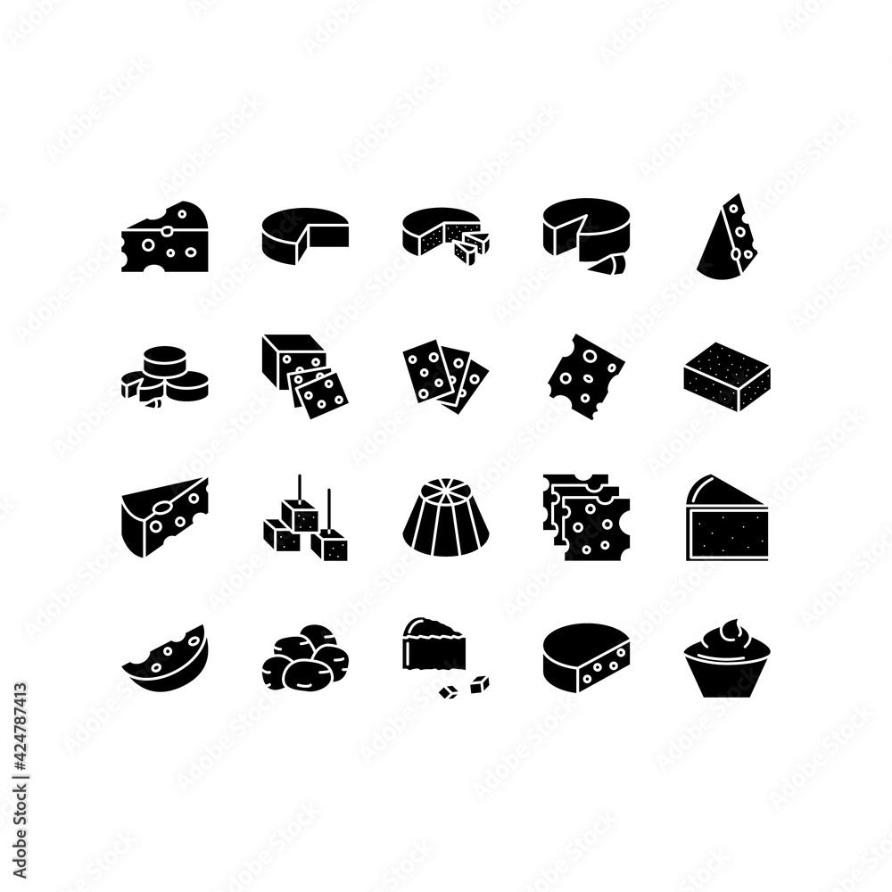 Cheese flat line icons set on white background. Parmesan, mozzarella, ricotta vector ...