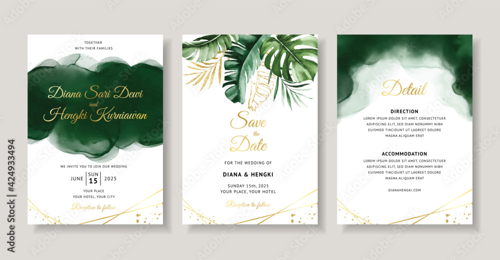 Elegant green tropical watercolor wedding invitation card template ...