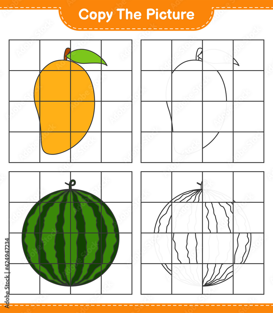 Copy the picture, copy the picture of Fruits using grid lines ...