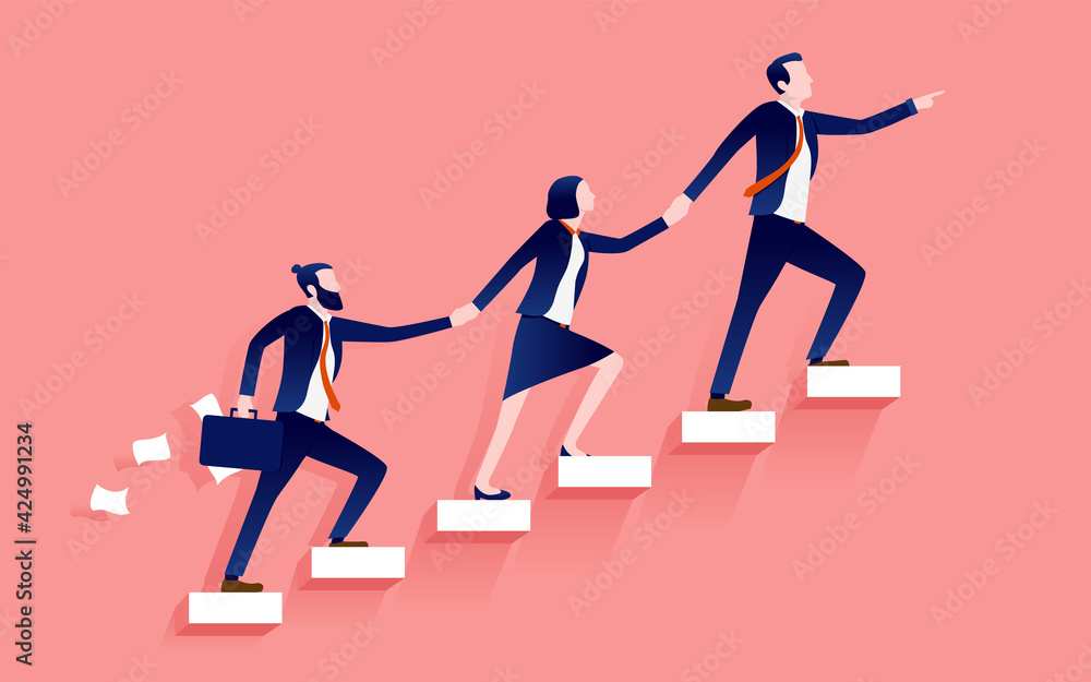 Business leader taking team to the top - Manager leading employees up ...