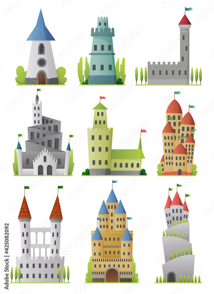 Flat set of large fairy tale castles. Medieval palaces with high towers ...