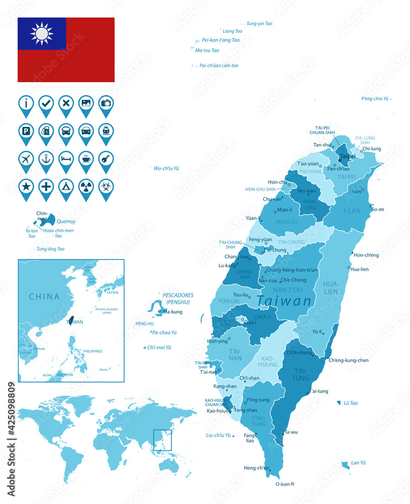 Taiwan detailed administrative blue map with country flag and location ...