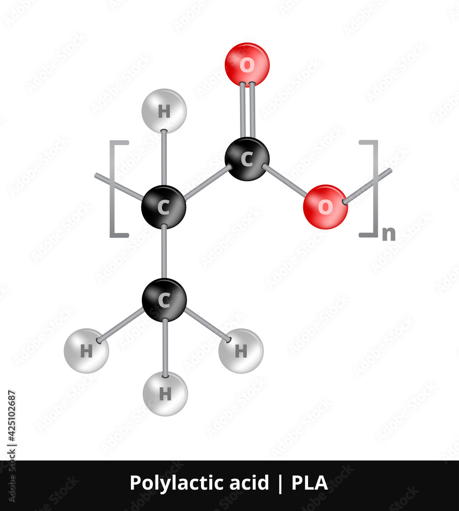 Vector ball-and-stick model of thermoplastic polymer polylactic acid or ...