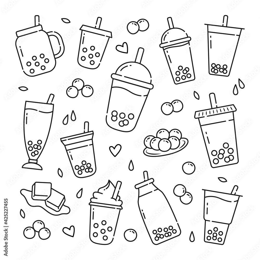 Boba drink doodle hand drawn vector icons for boba shop wallpaper ...