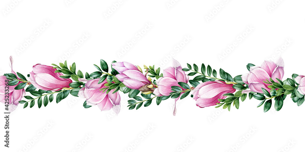 Magnolia flower and leaf seamless border. Watercolor illustration ...