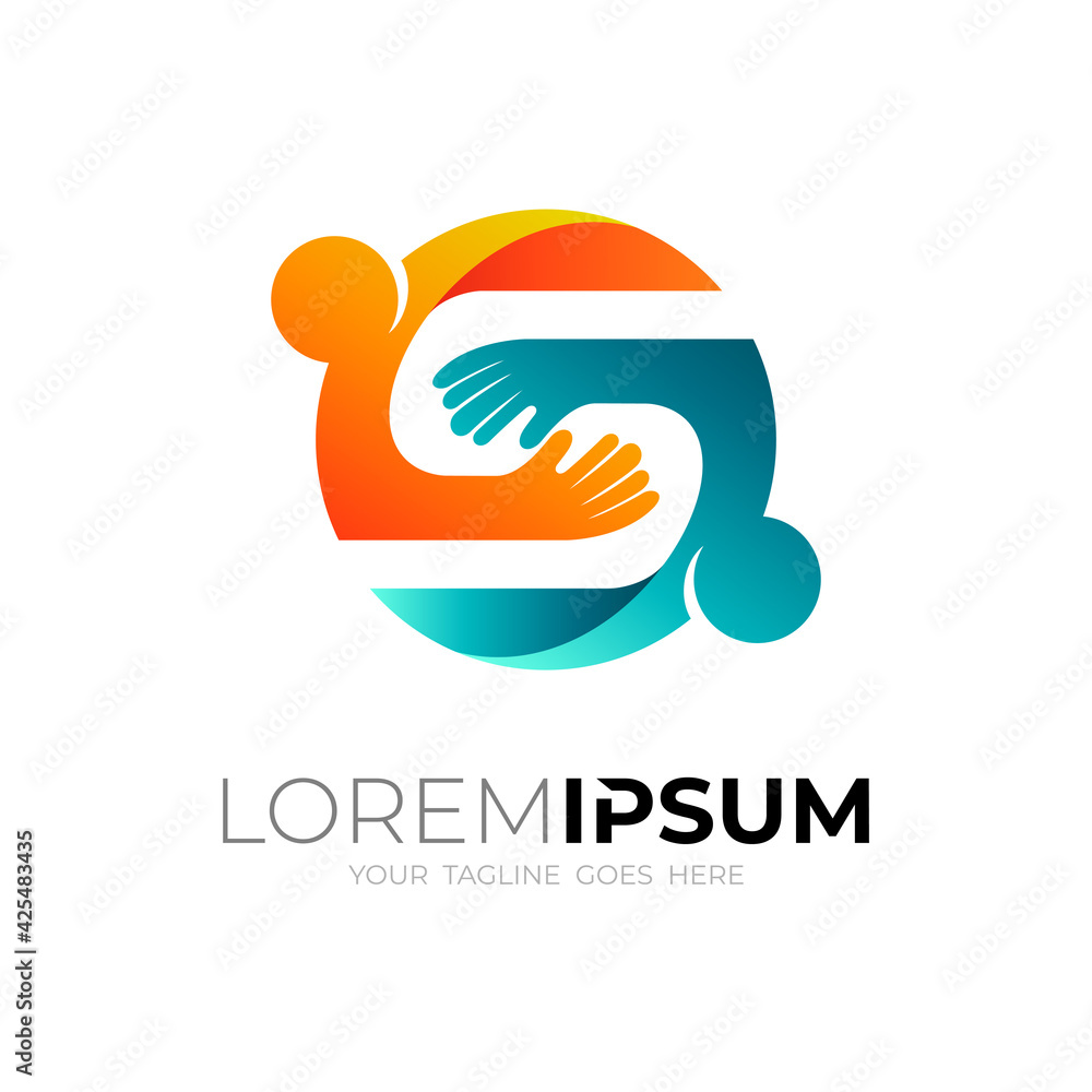 Handshake logo with globe design template, letter S logo and people hug ...