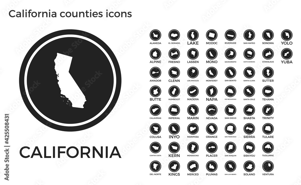 California counties icons. Black round logos with US state counties ...