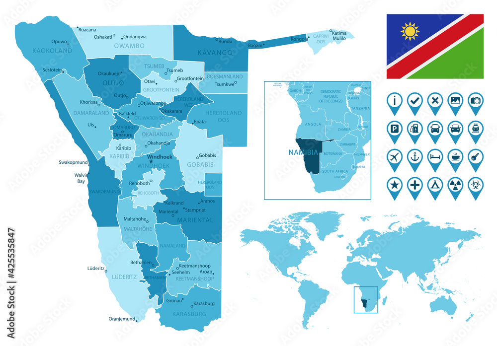 Namibia detailed administrative blue map with country flag and location ...