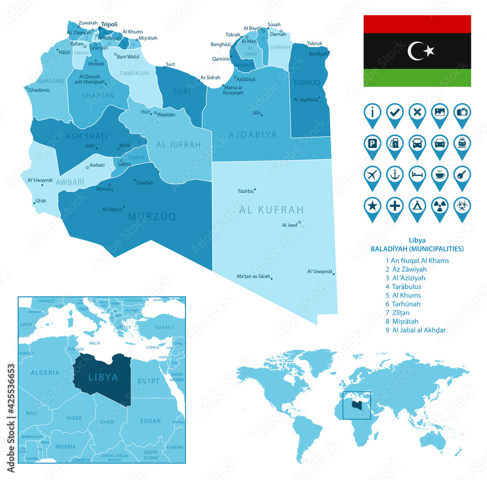 Libya detailed administrative blue map with country flag and location on the world map. Vector ...