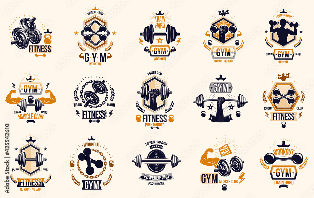 Fitness sport emblems logos or posters with barbells dumbbells ...