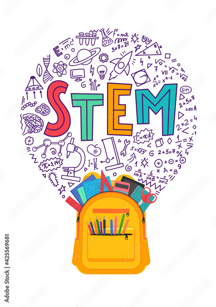 STEM. Open backpack full of school stationery with STEM education ...