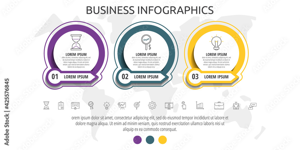 Modern and simple flat vector circles infographic with 3 steps, labels. Timeline for diagram ...