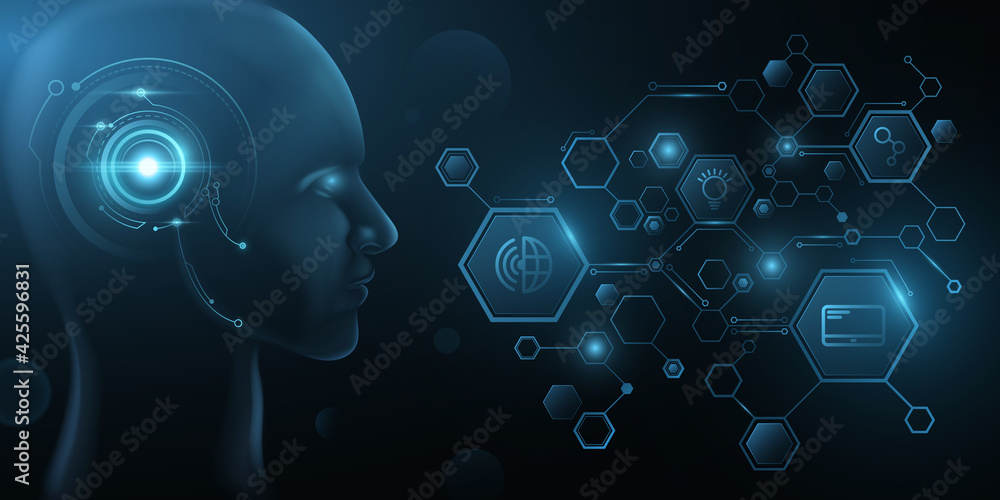 Stock-Vektorgrafik „Cyborg with futuristic earphone. HUD interface ...