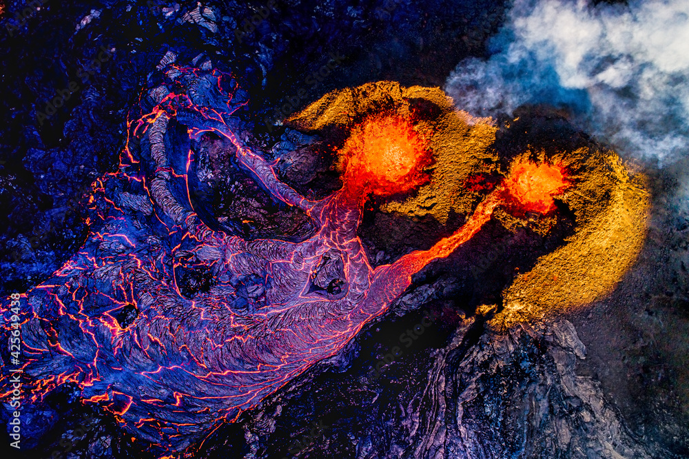 Aerial view of the recent active volcano in the Geldingadalir valley at ...