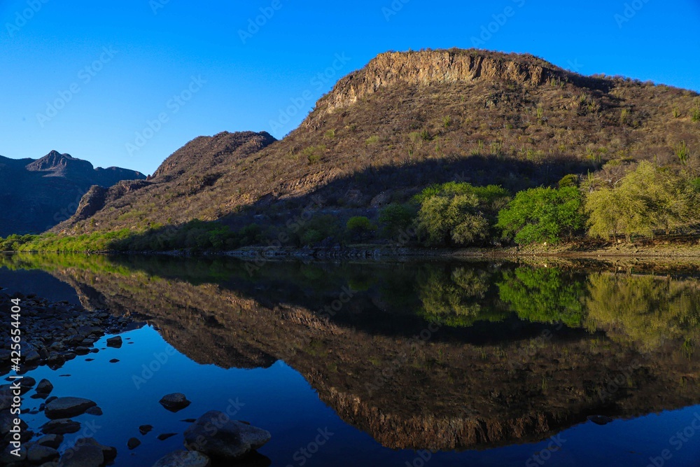 Reflection of a hill and bushes in the water of the Yaqui River as it ...