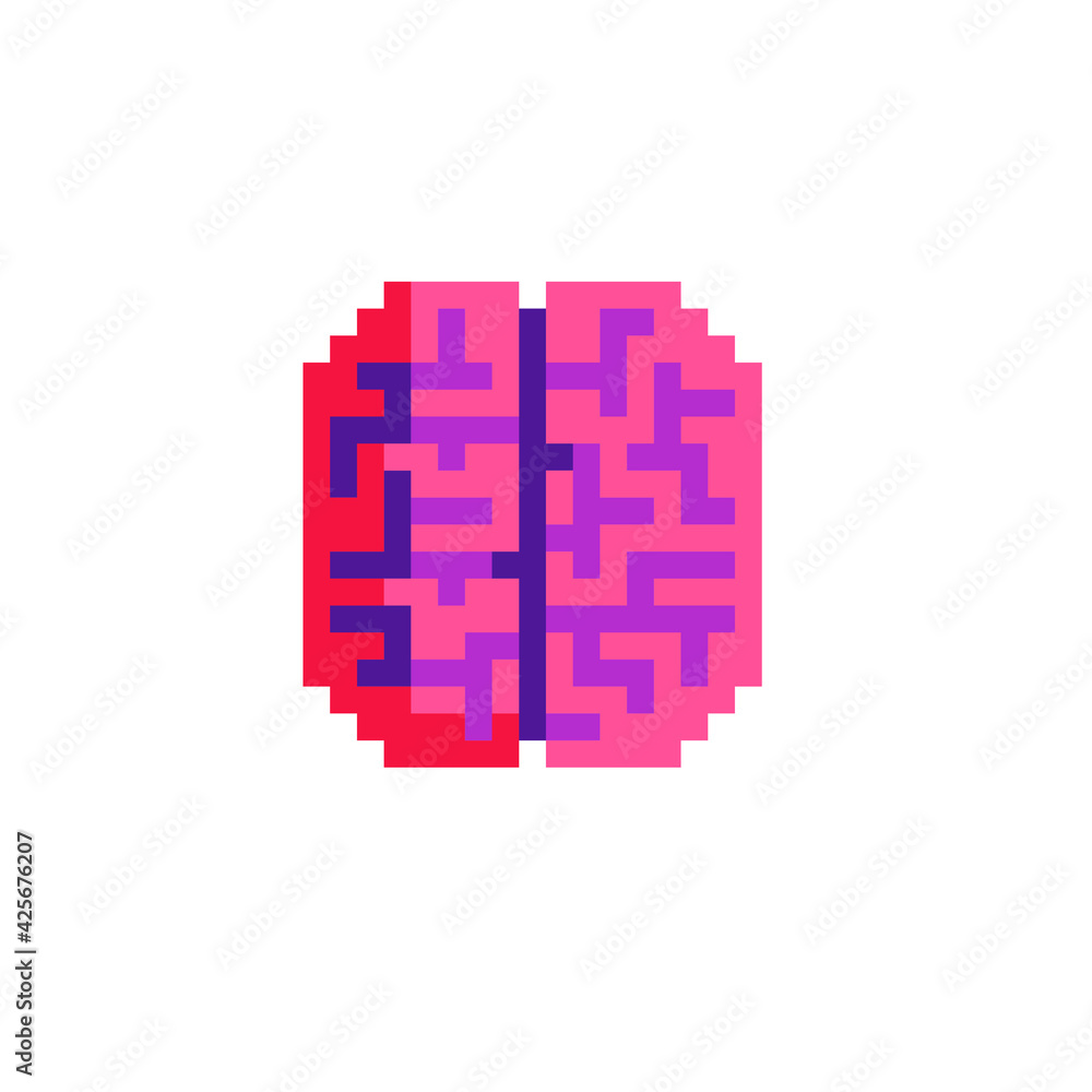Brain pixel art icon, cerebrum isolated vector illustration. Human ...