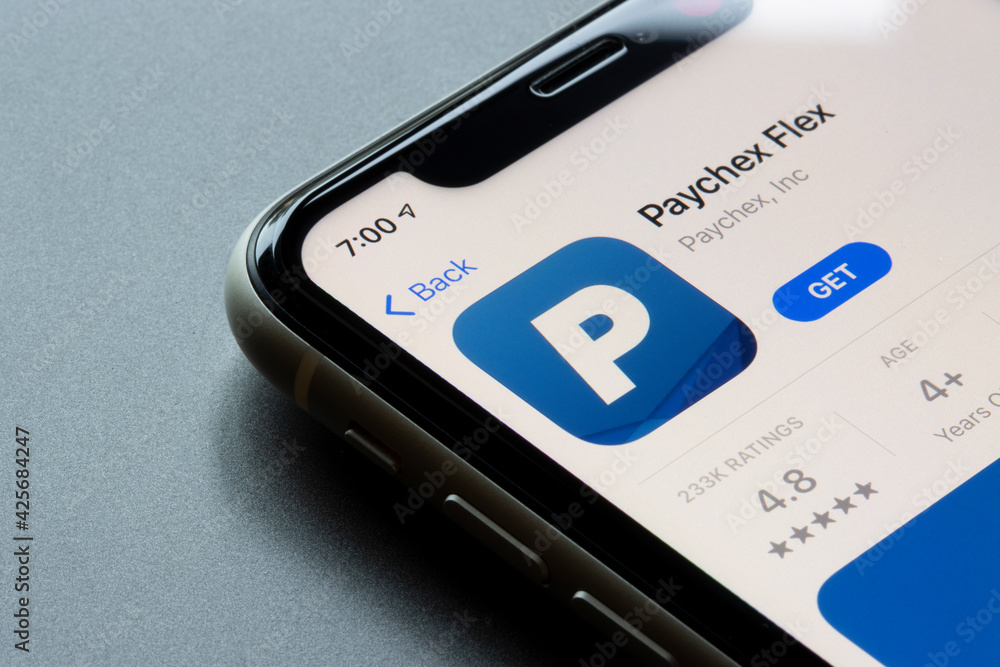 Portland, OR, USA - Apr 2, 2021: Paychex Flex app is seen in the App Store on an iPhone. Paychex ...