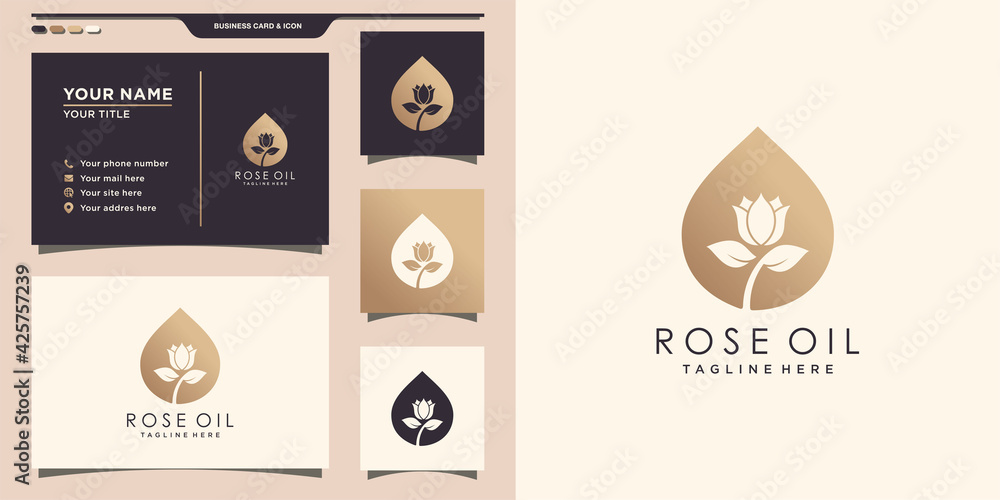 Rose oil logo design template. Combination oil and rose flower. Logo ...