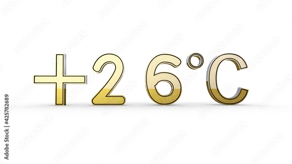 Temperature "+26 ° C". 3d golden font. Number on a white background ...
