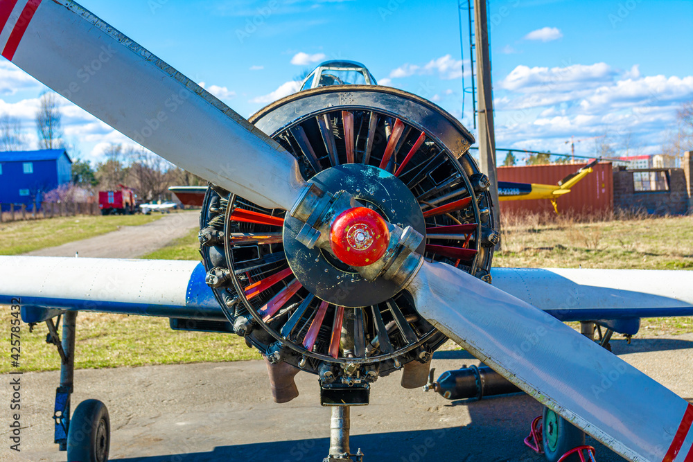 Open engine of a light single-engine pleasure plane Stock Photo | Adobe ...