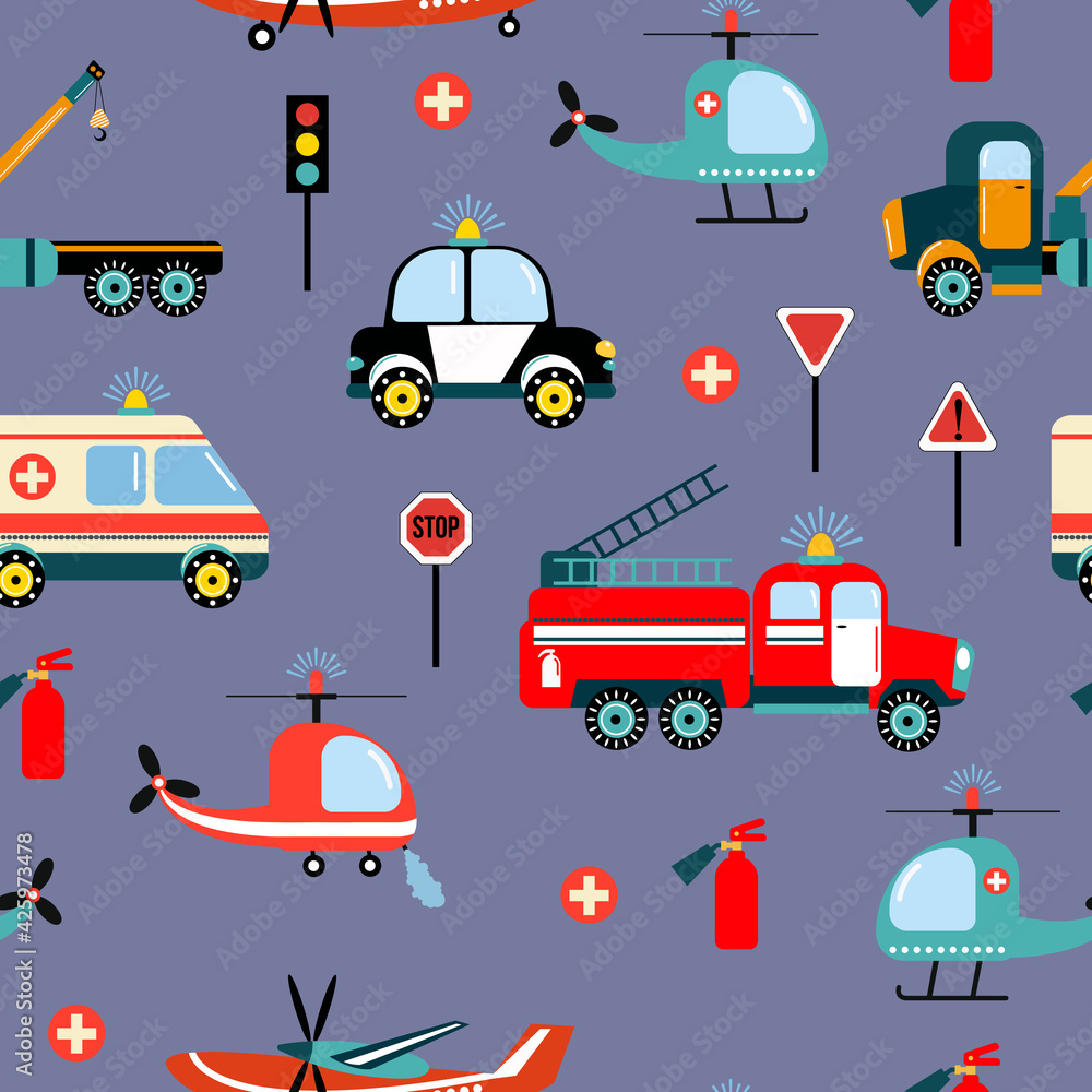 Cars are rescuers. Seamless pattern with rescue equipment. Design of ...