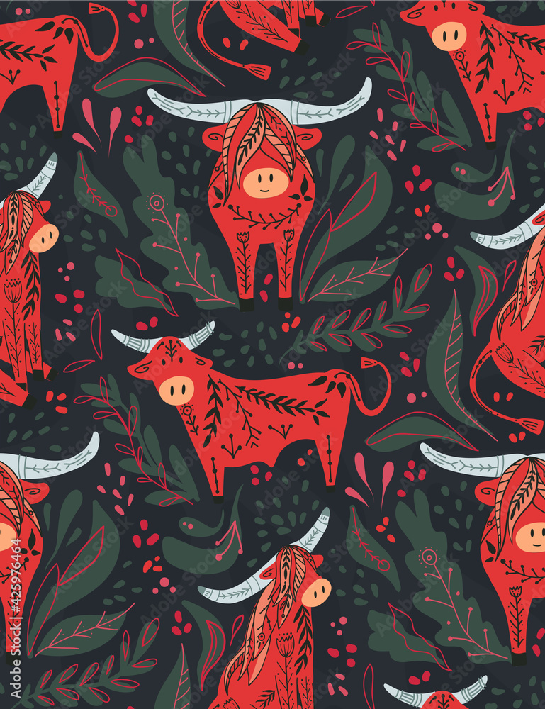 Seamless pattern with cute red cartoon bulls and bison with folk ...