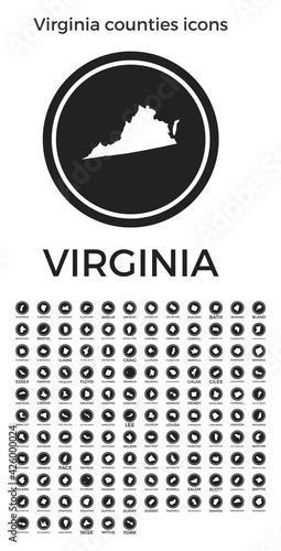 Virginia counties icons. Black round logos with us state counties maps ...