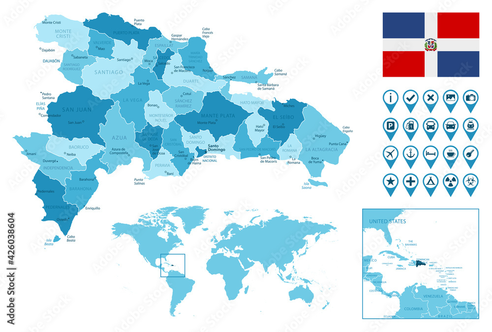 Dominican Republic detailed administrative blue map with country flag ...