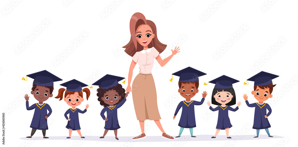 Happy graduate children wearing academic gowns and caps. Multicultural ...