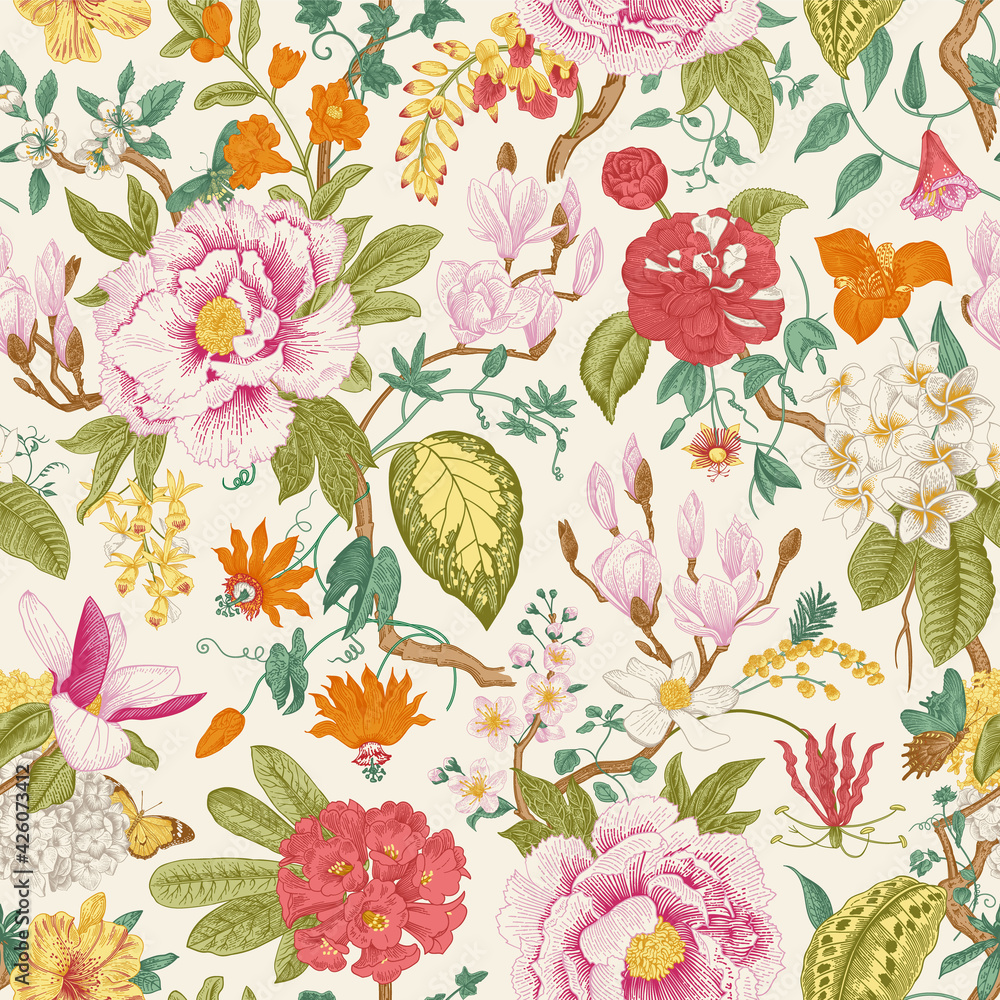Bloom. Vintage floral seamless pattern. Spring flowers. Colorful Stock ...