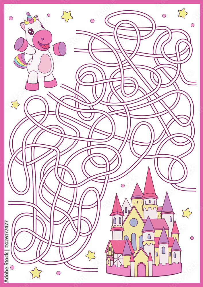 Kids maze game with cute cartoon unicorn and castle. Worksheet ...