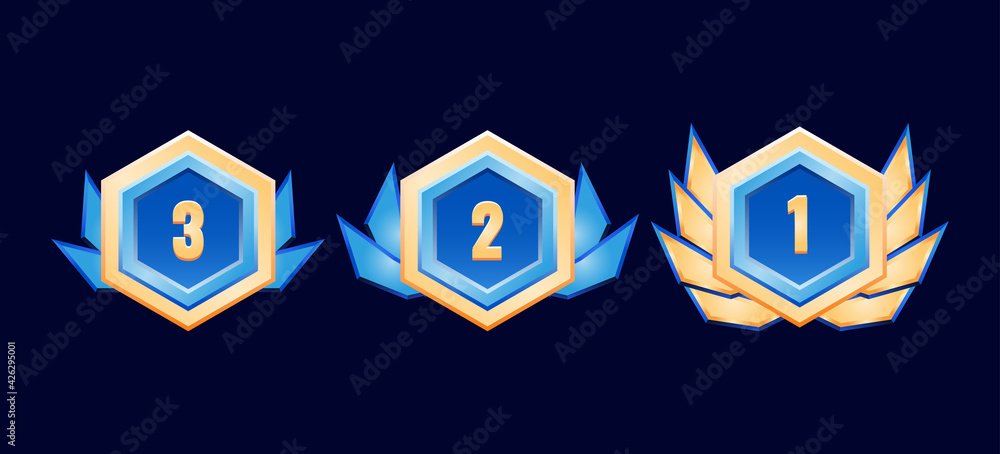 hexagonal game ui glossy golden diamond rank badge medals with wings ...
