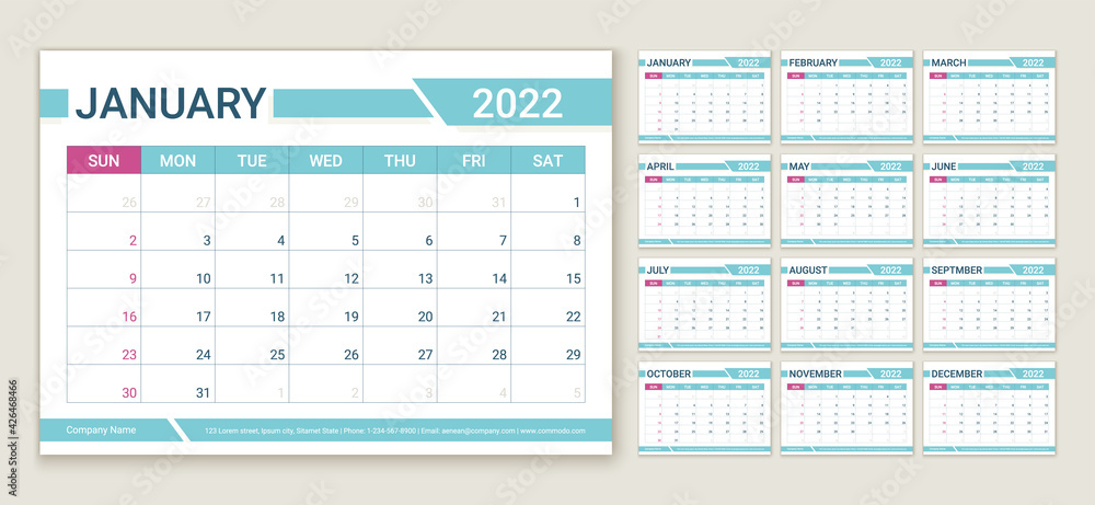 Calendar 2022 year. Planner template. Week starts Sunday. Vector ...