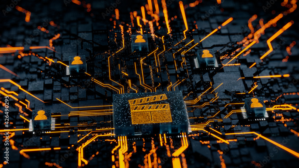 Entertainment Technology Concept with movie symbol on a Microchip ...