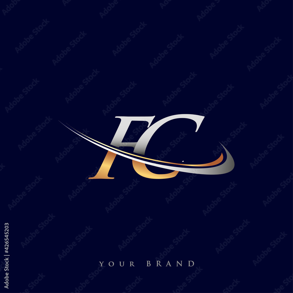 FC initial logo company name colored gold and silver swoosh design ...