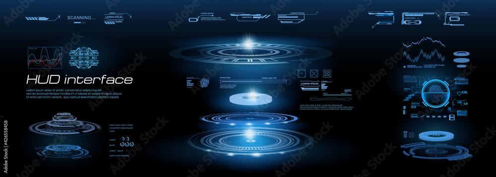 Digital holographic interface with HUD, GUI, UI elements. Set of ...