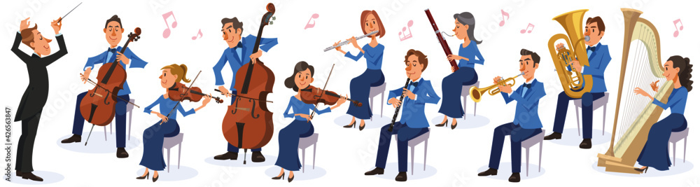 Vetor Music conductor and symphony orchestra on white background. Performing with various kinds ...
