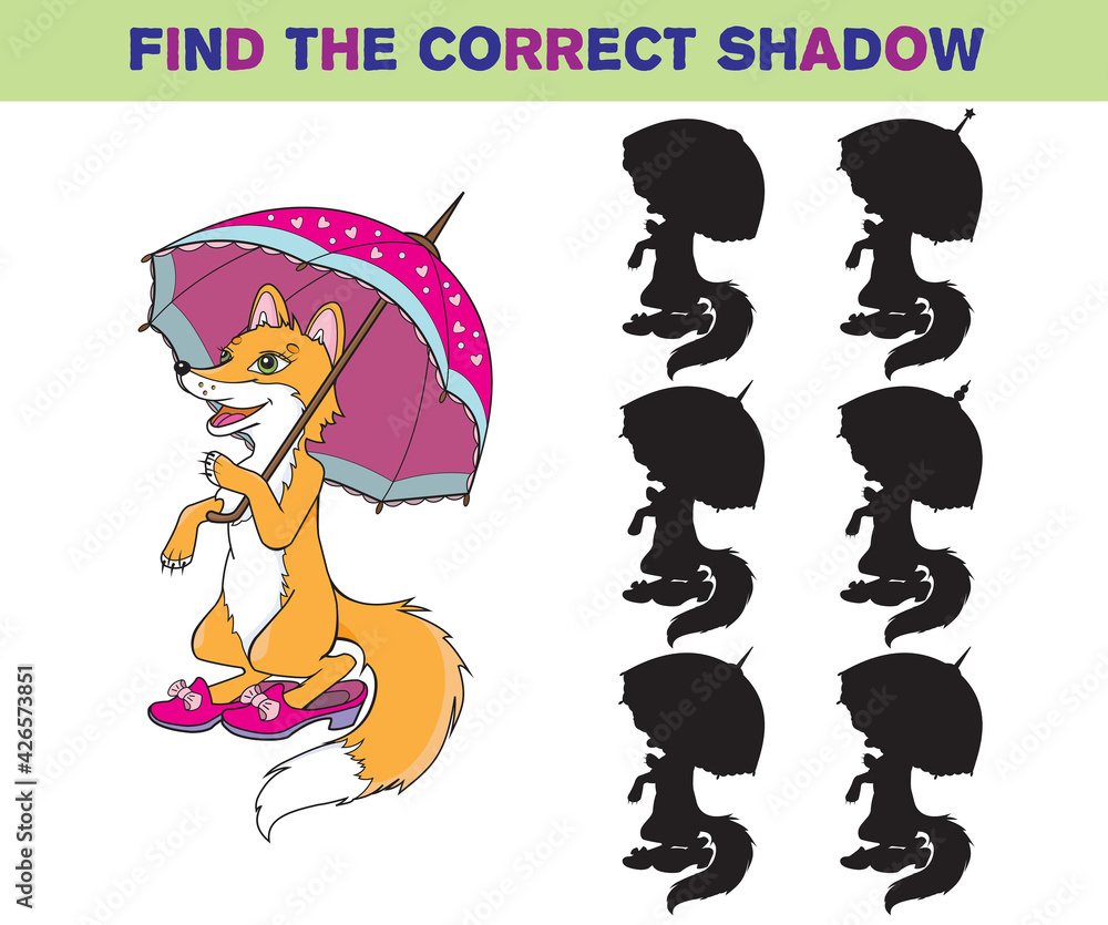 Cartoon illustration of funny fox with an umbrella. Find the correct ...