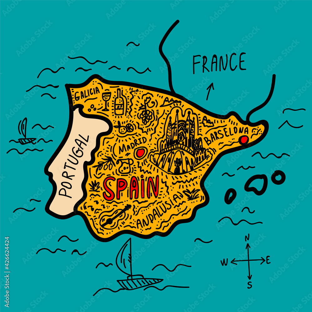 Spain sightseeing map of Europe. Beautiful map with landmarks for ...